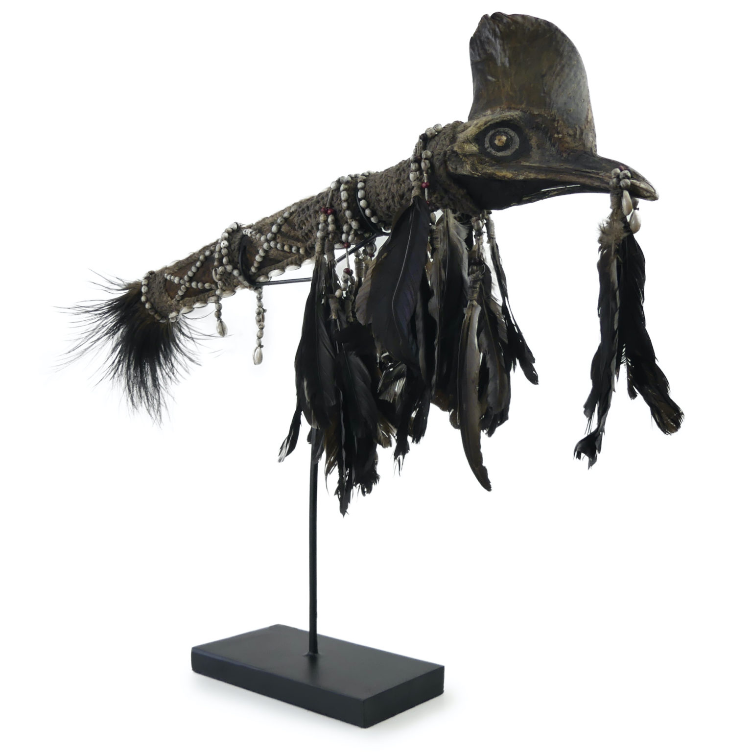 Grand Pi Pisuwe poignard Asmat en os et tête de casoar sur socle OVIRY