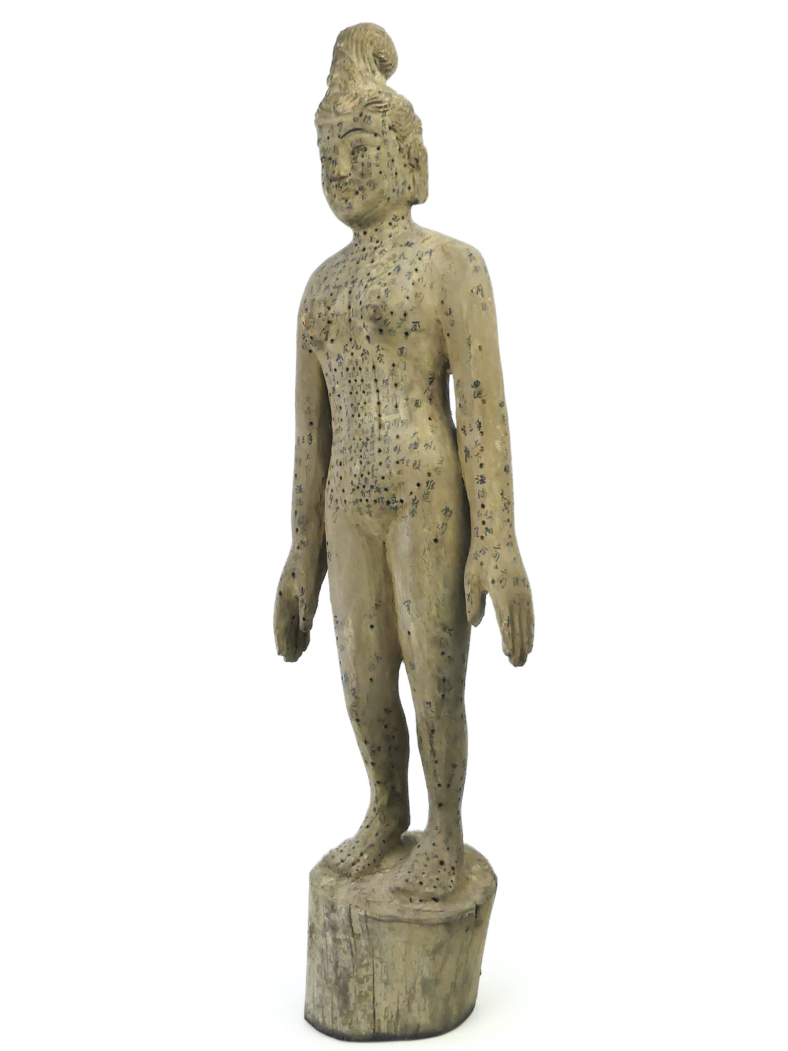 Grande statue acupuncture femme ancienne en bois Chine OVIRY