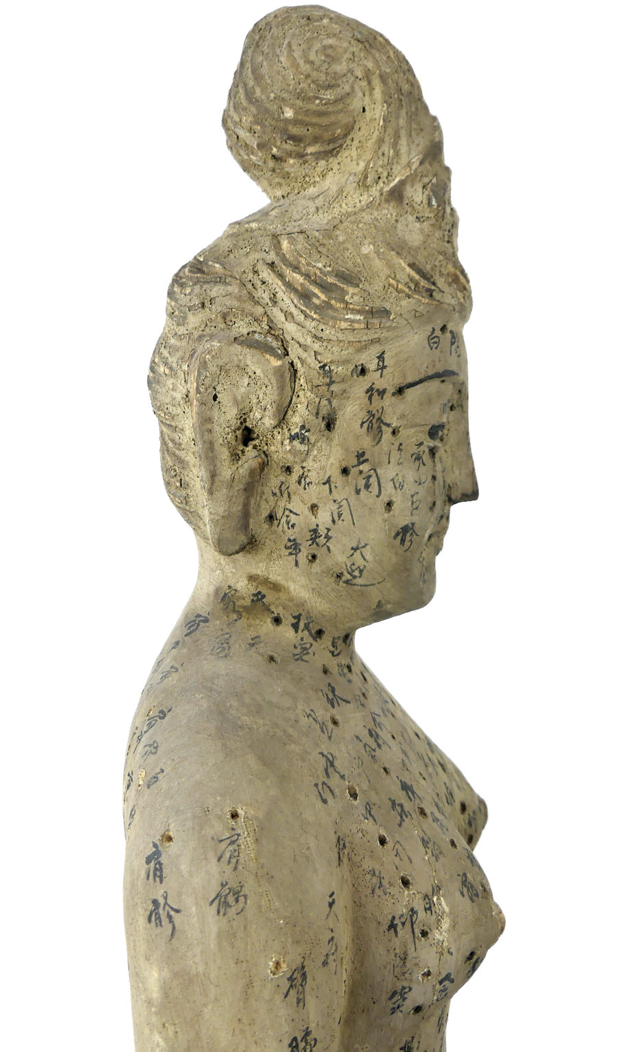Grande statue acupuncture femme ancienne en bois Chine OVIRY