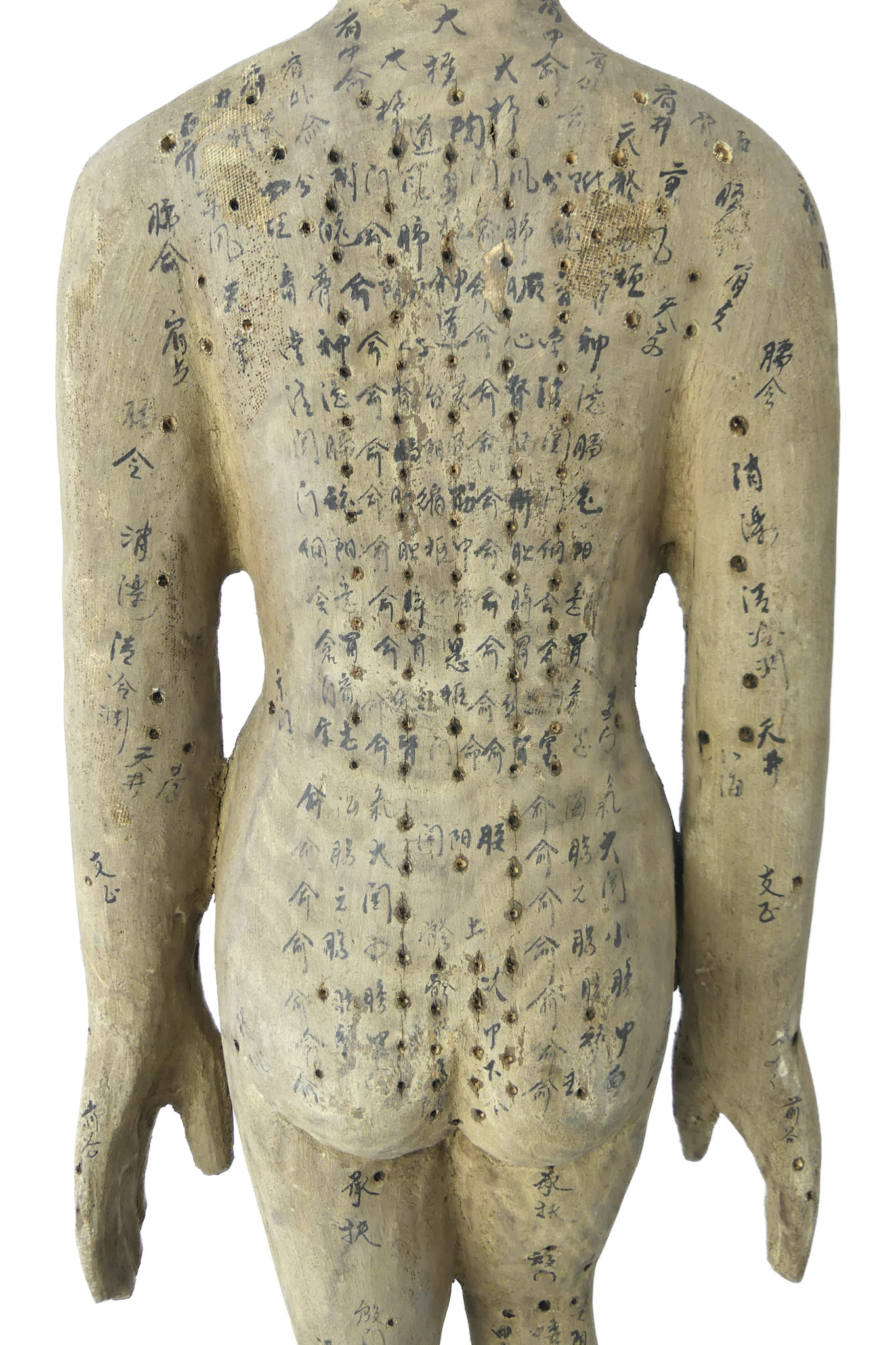 Grande statue acupuncture femme ancienne en bois Chine OVIRY