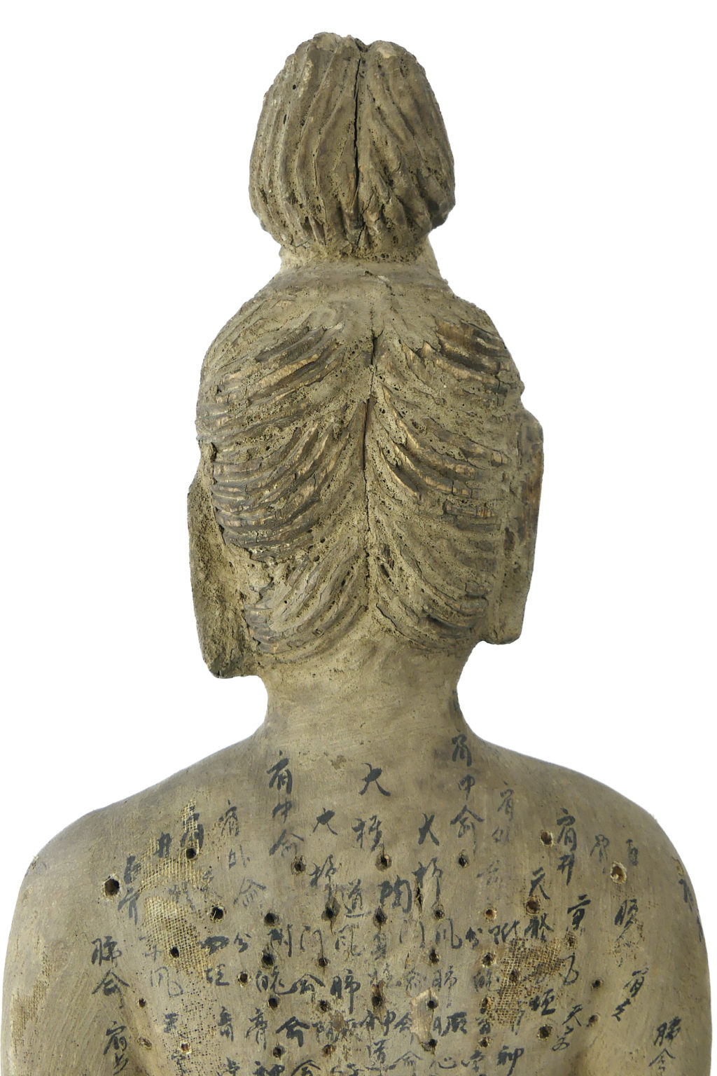 Grande statue acupuncture femme ancienne en bois Chine OVIRY
