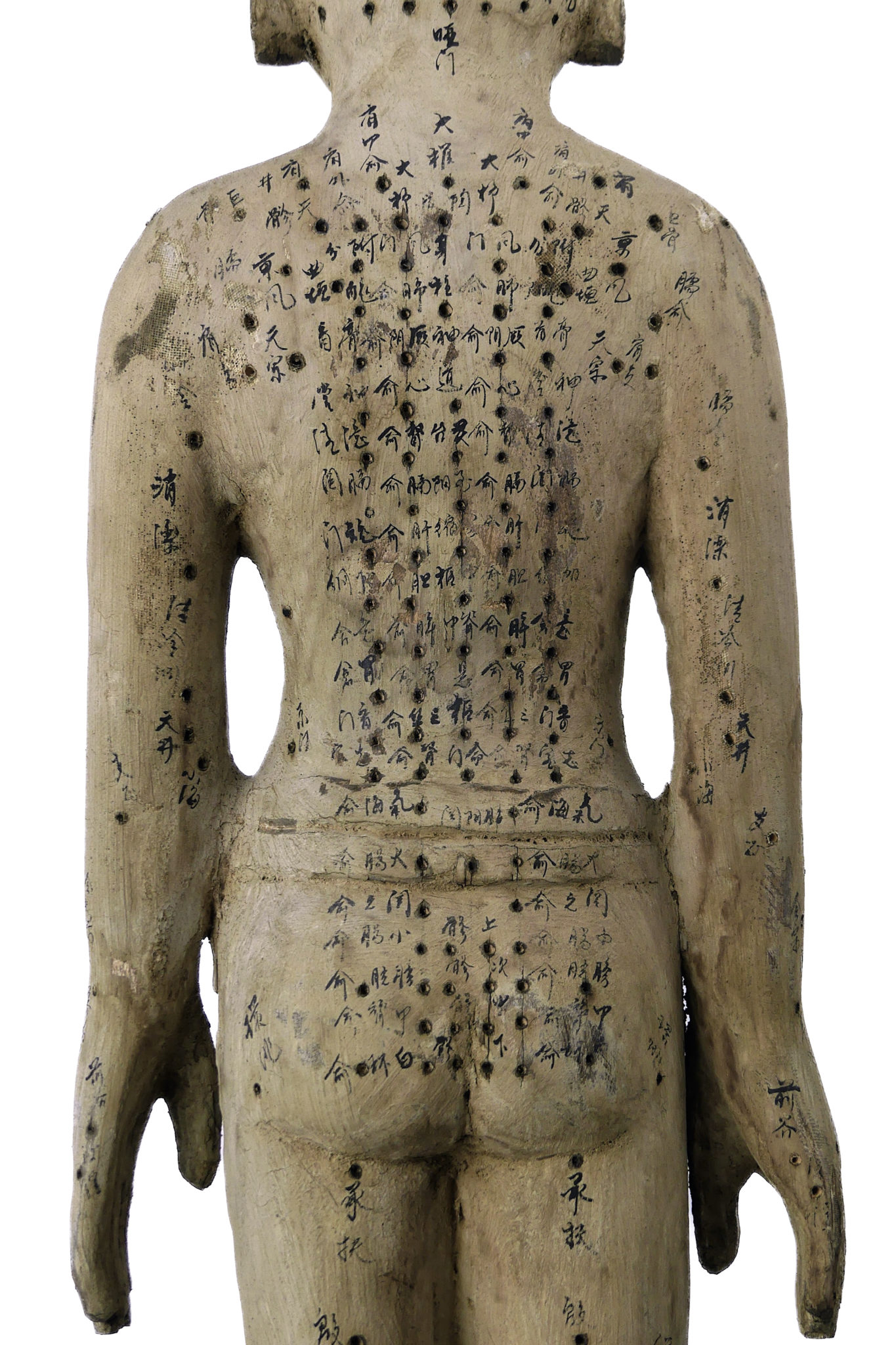 Grande statue acupuncture homme ancienne en bois Chine OVIRY