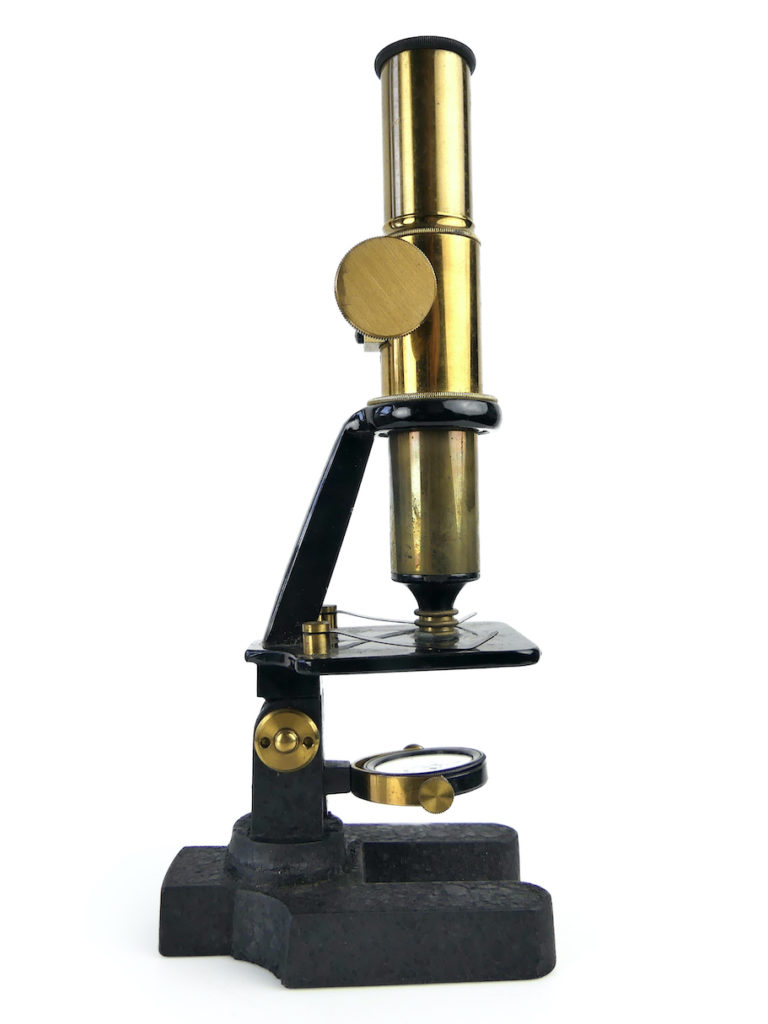 Microscope ancien en laiton et fonte dans coffret en bois - OVIRY