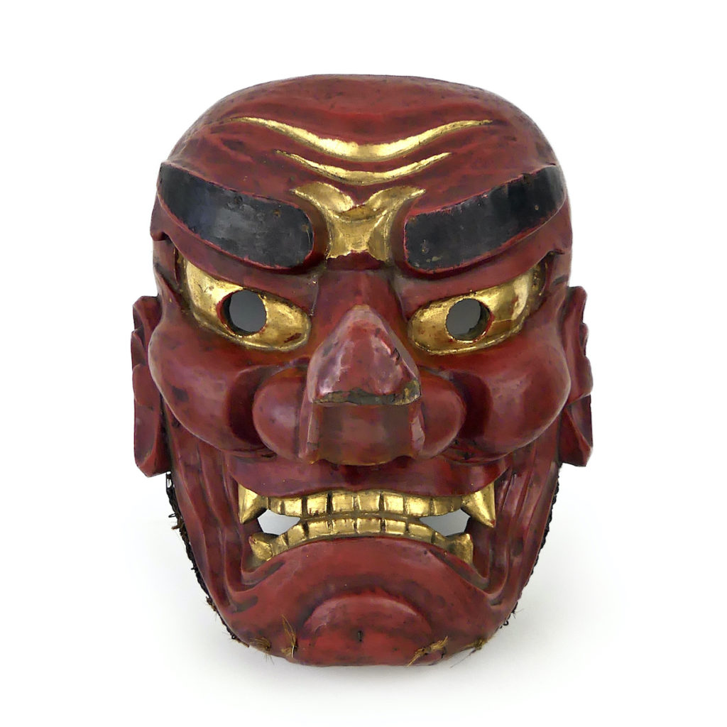 Masque Tengu ancien en bois sculpté rouge noir et or - OVIRY