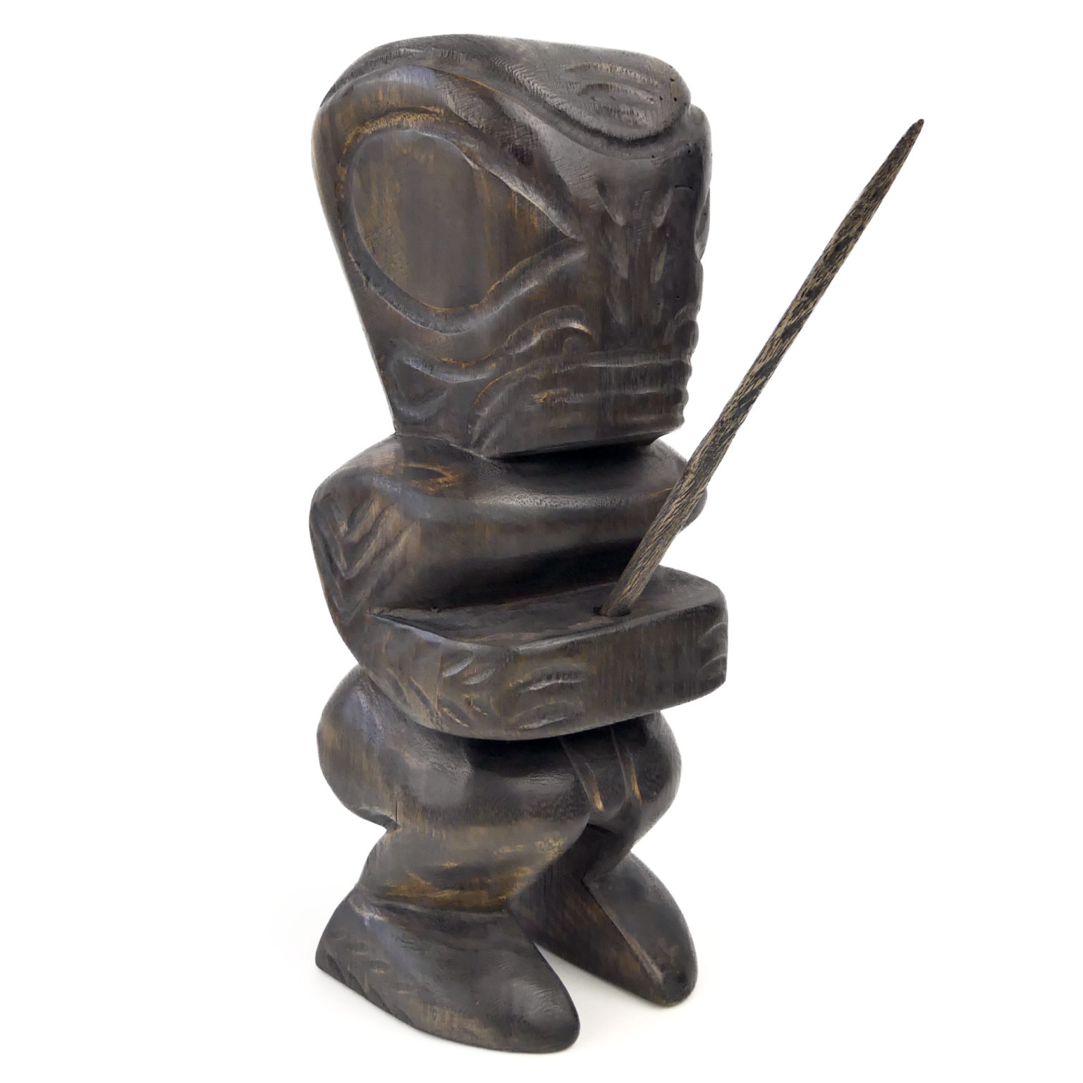 Tiki maohi à la lance en bois sombre massif - Polynésie - OVIRY