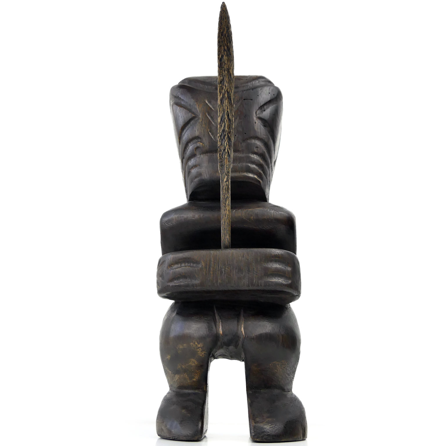 Tiki maohi à la lance en bois sombre massif - Polynésie - OVIRY