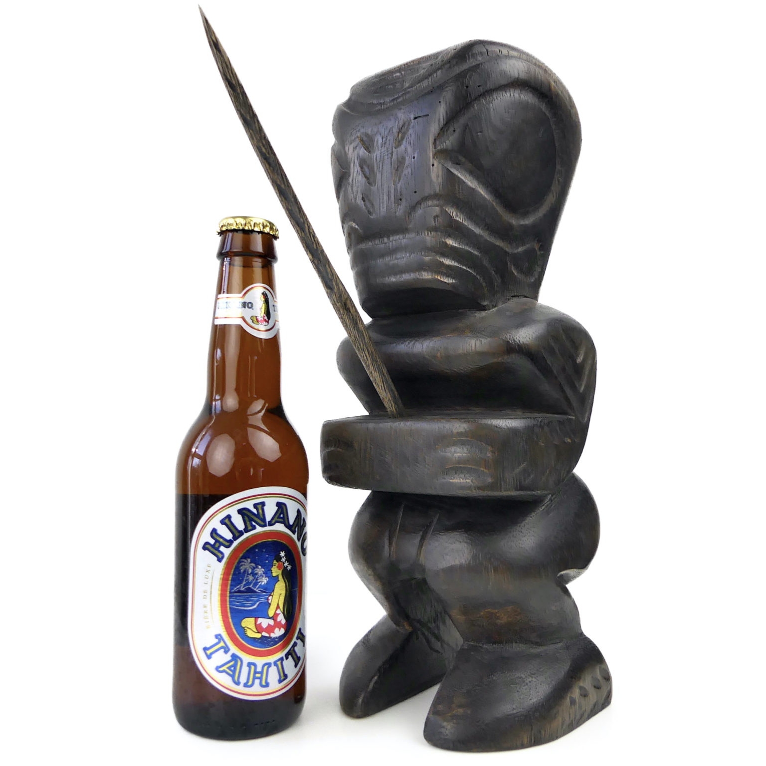 Tiki maohi à la lance en bois sombre massif - Polynésie - OVIRY